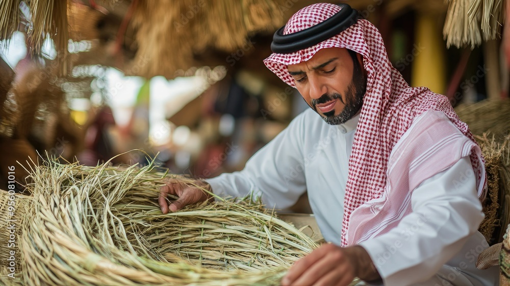 Saudi Arabian man weaving a traditional basket from palm leaves in an ...