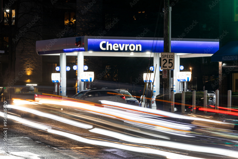 Portland, Oregon- USA -Feb 27, 2024 - American famous Chevron gas ...