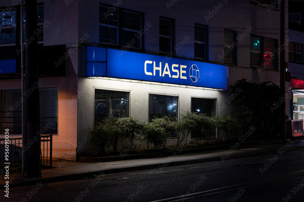 Portland, Oregon- USA -Feb 27, 2024 - JP Morgan Chase bank's big blue ...