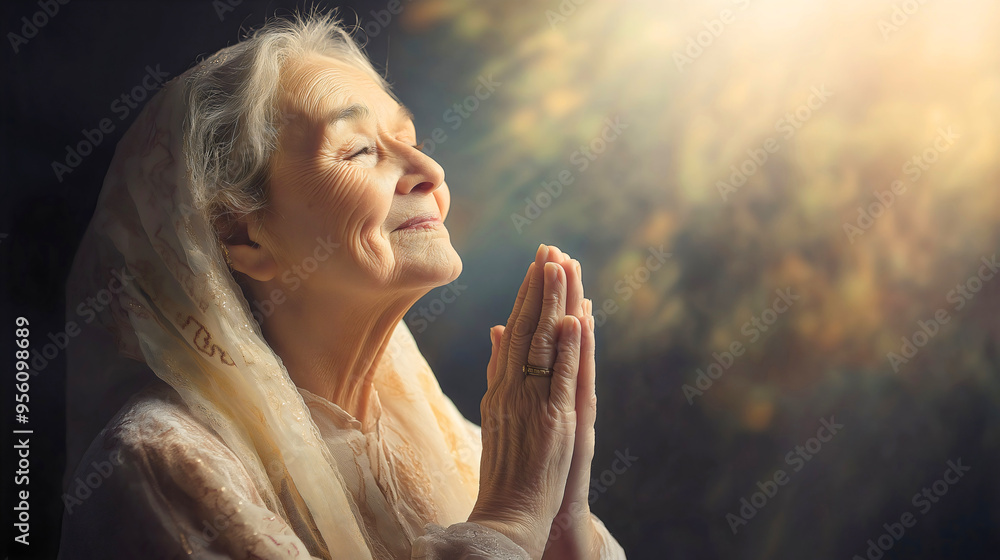 Elderly senior woman grandmother with a headscarf hands folded and a ...