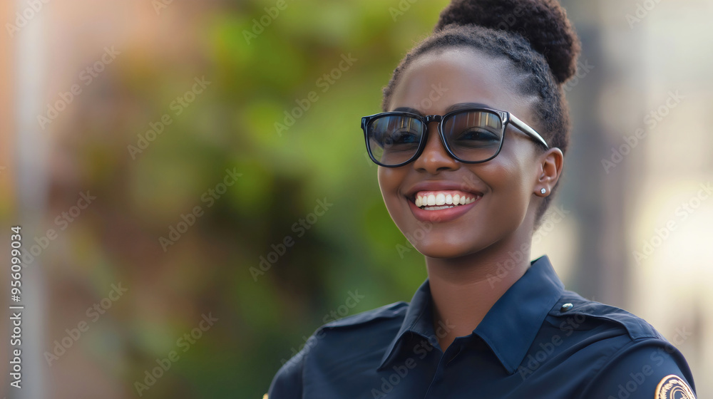 Portrait of a happy female police officer, young adult African American ...