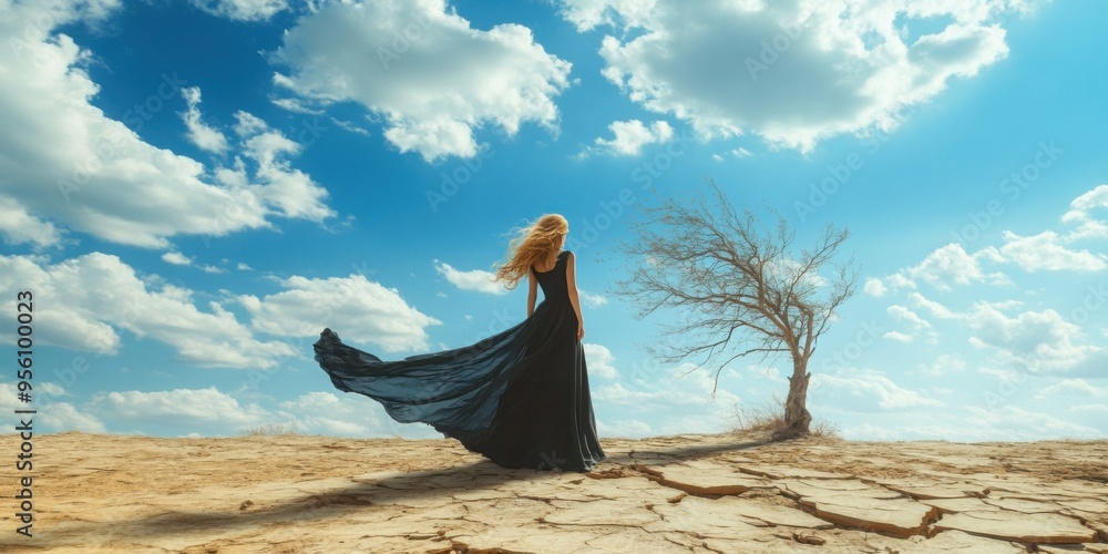 Alone woman in a black dress flowing in the wind stands in the middle ...