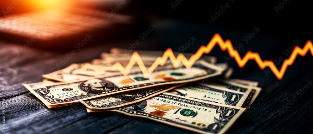 Stack of dollar bills with a declining interest rate chart, economic ...