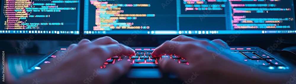 Hands typing on a mechanical keyboard with multiple code windows open ...