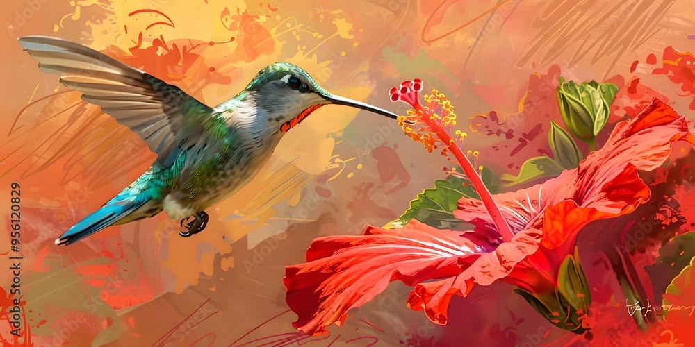 A tiny, vibrant hummingbird hovering in mid-air, its wings a blur of ...