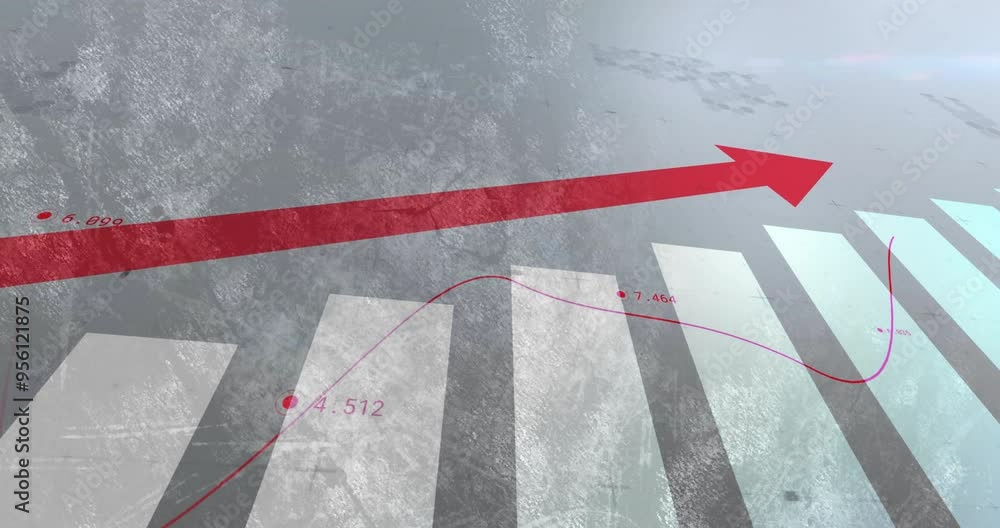 Red arrow and line graph animation over bar chart on textured ...
