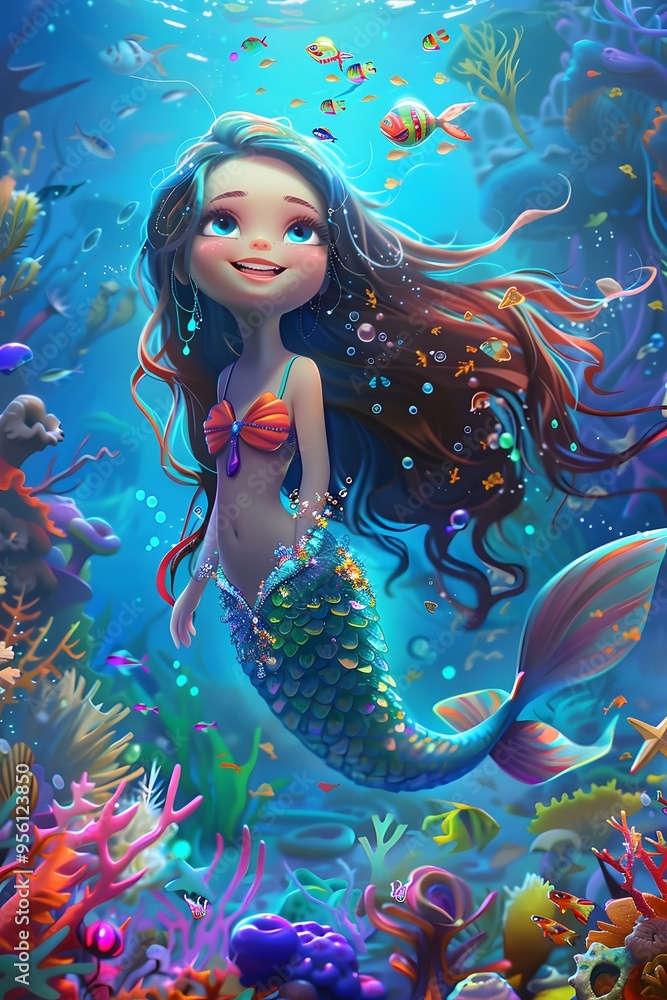 Design a 3D cartoon mermaid with flowing hair, a sparkling tail, and a ...