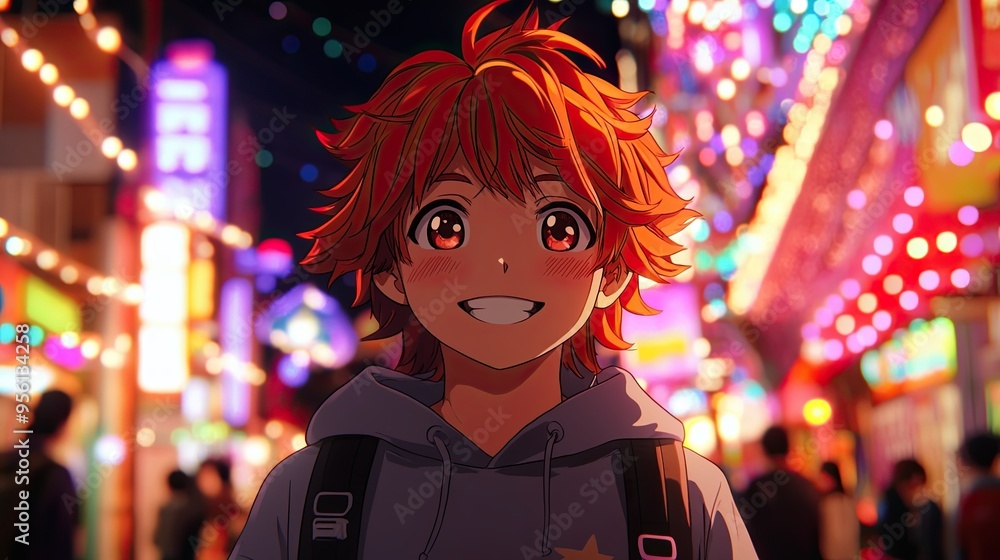 46. A young Japanese anime man with fiery red hair and a confident ...