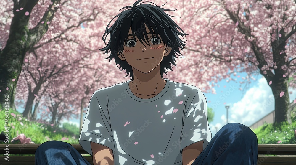 28. A young Japanese anime man with messy black hair, wearing a casual ...