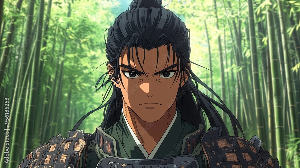 24. A young Japanese anime man with long black hair tied in a ponytail ...