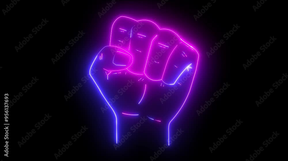 Hand fist icon neon pink and blue color glowing animation black ...