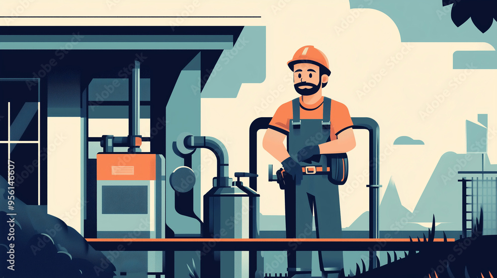 Professional Plumber Working on Home Water System. A flat vector ...