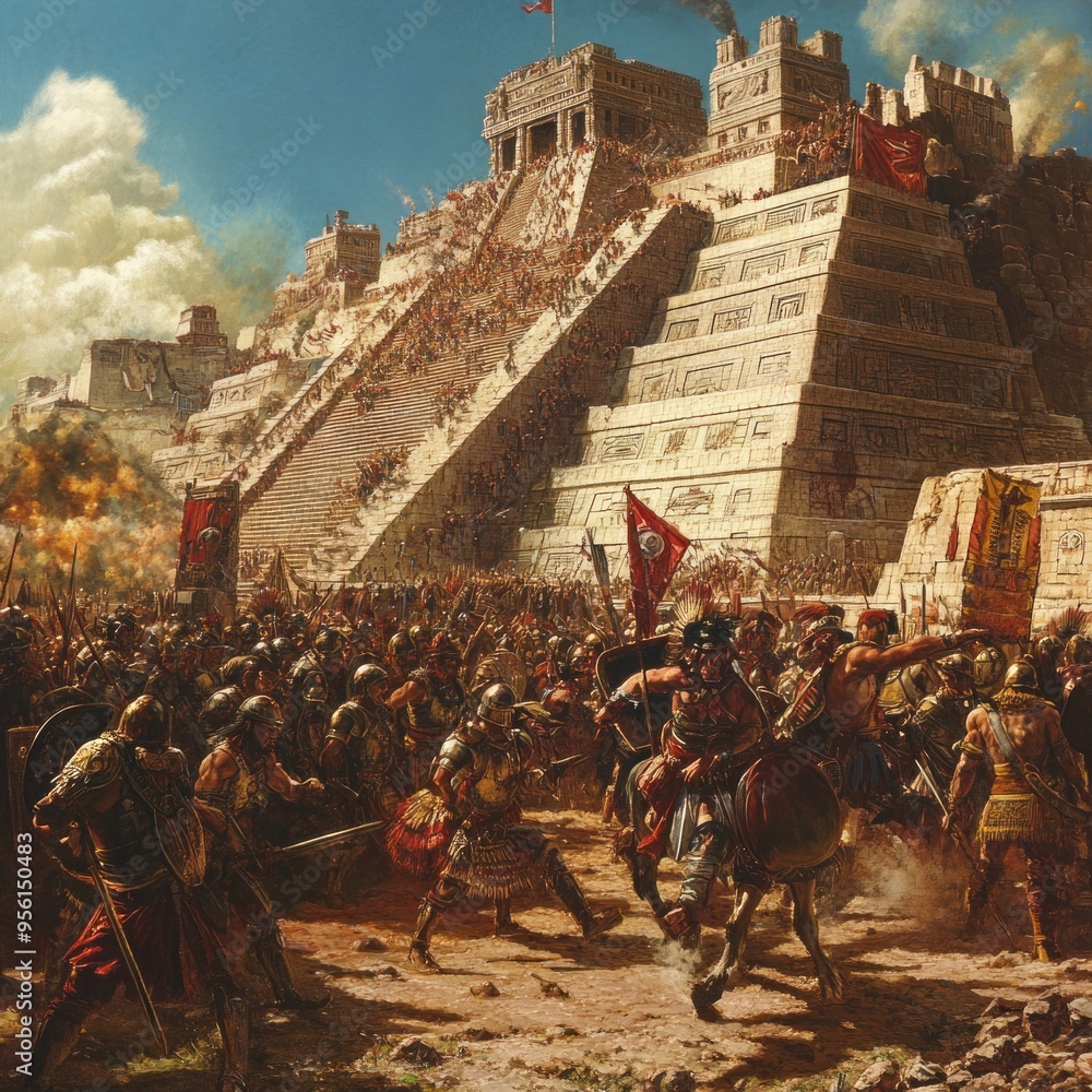 A depiction of the Spanish conquest of the Aztec empire, with Spanish ...