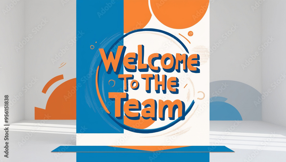 Welcome to the team greeting card on orange, blue and white color ...