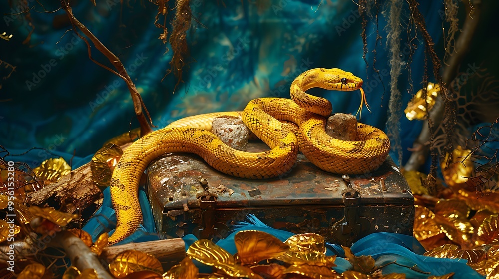 On a blue backdrop a mustard snake sculpture stays on an old gold trove ...