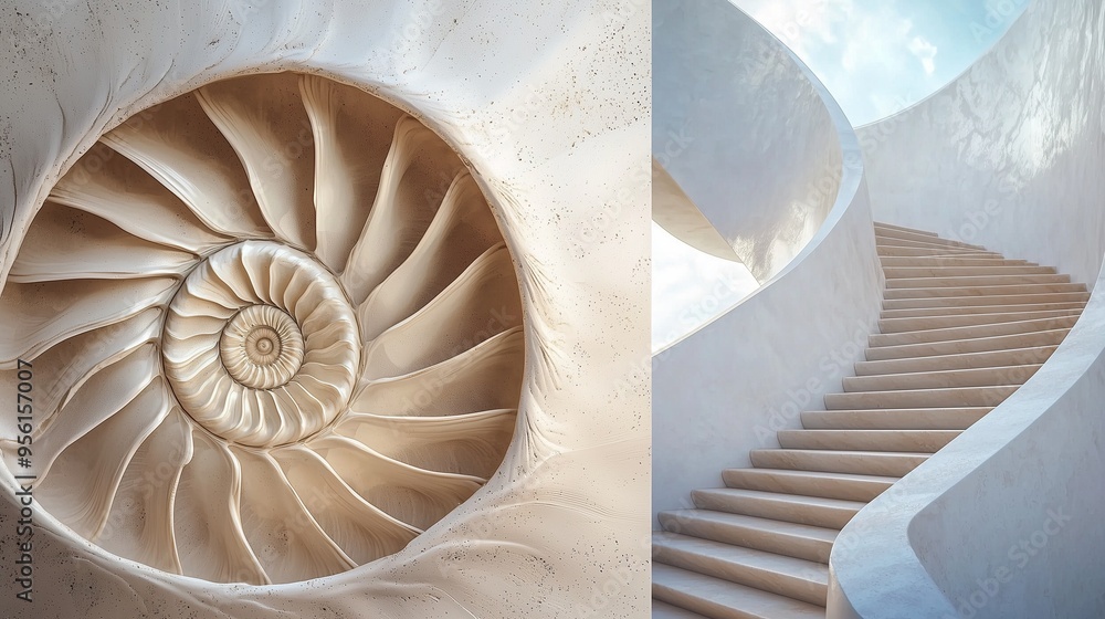 Nautilus shell spiral and staircase illustrating biomimicry design ...