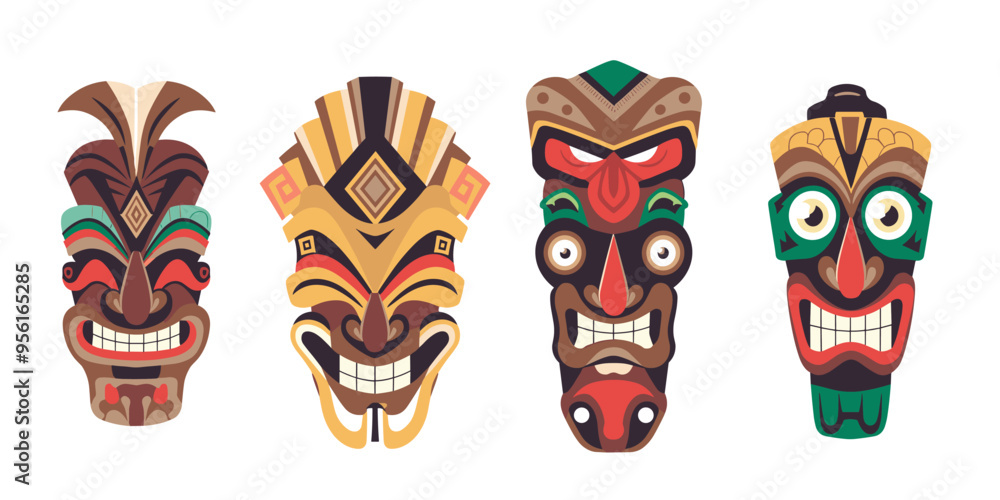 Traditional Hawaiian totem tiki mask collection. Cartoon vector ...