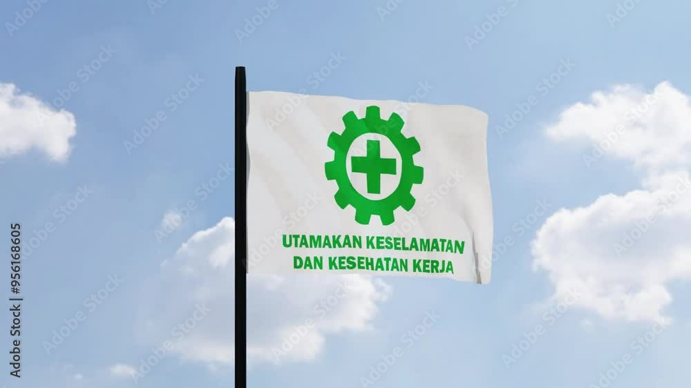 3D animation of a safety and health flag waving against a bright, clear ...