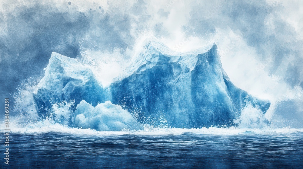 Majestic Iceberg Calving in Watercolor Style - Dramatic Ocean Splash as Massive Ice Chunk Breaks ...