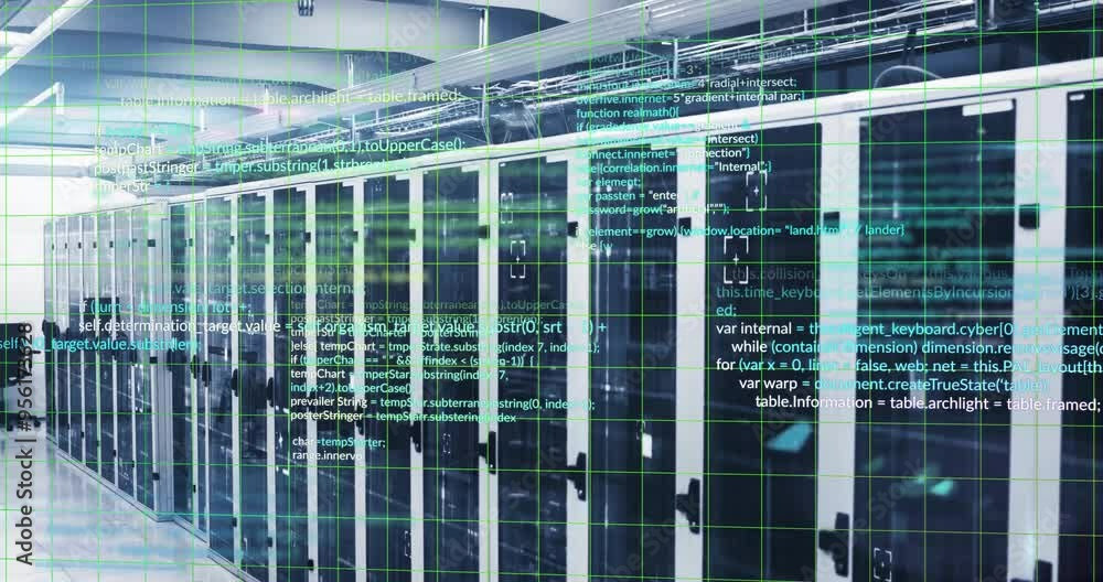 Computer code animation over server racks in data center Stock Video ...