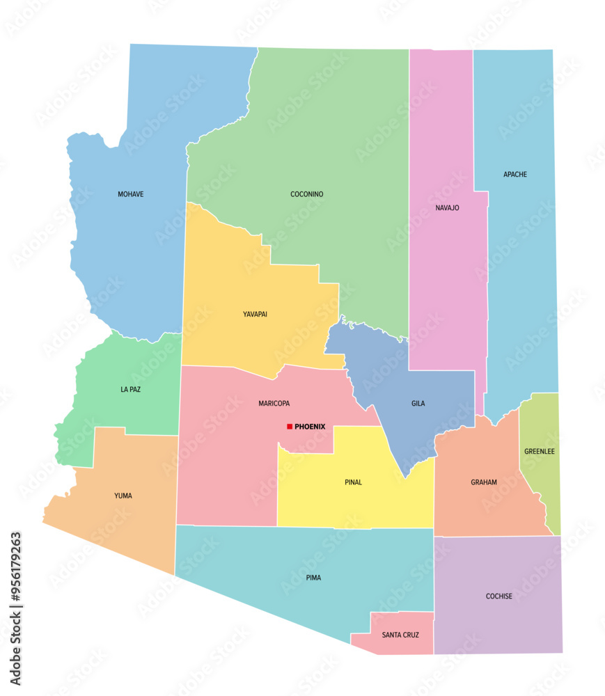 Vetor de Arizona, U.S. state, subdivided into 15 counties, multi ...