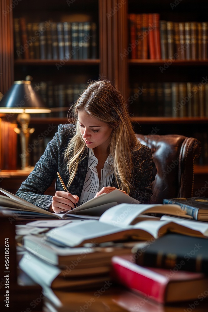 A female lawyer preparing documents for a case. She’s working at her ...