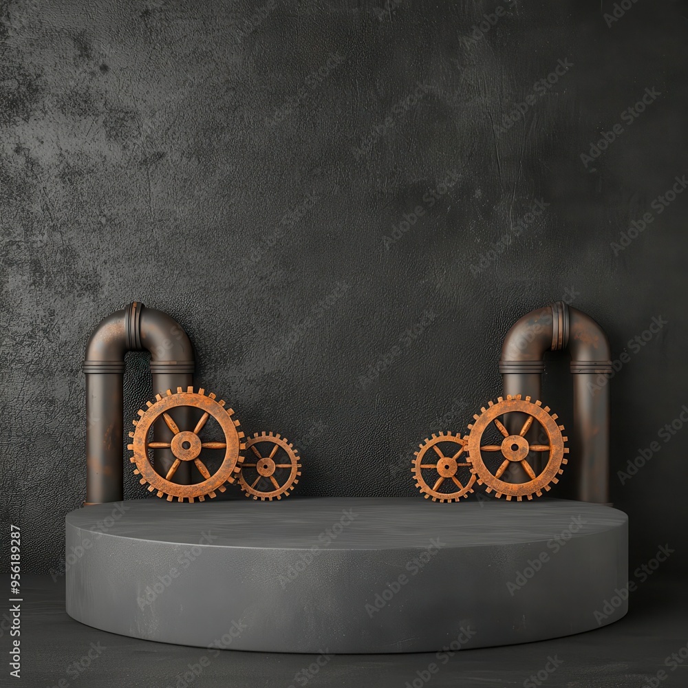 3d Mock up Slate gray podium with industrial pipes and mechanical gears ...
