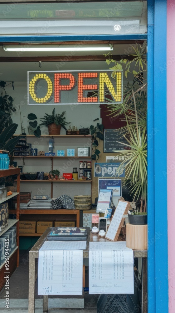 Vibrant Retail Store Interior Featuring Open Sign and Displayed ...