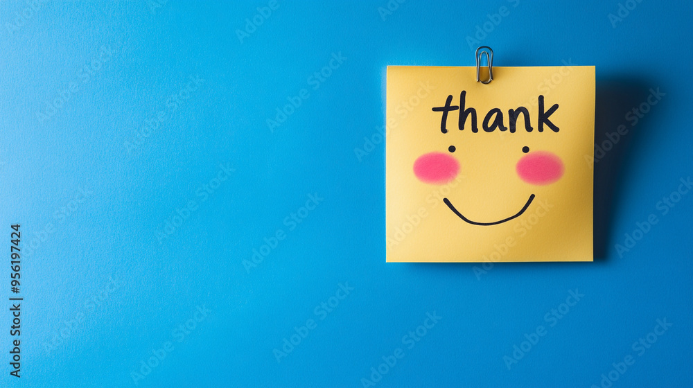 #"thank" note on stocky with smiling face note on blue background Stock ...