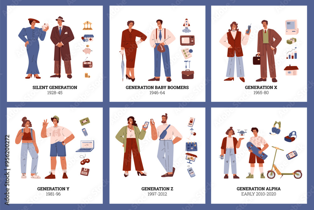 People generations card vector set, characters and symbols of Silent ...