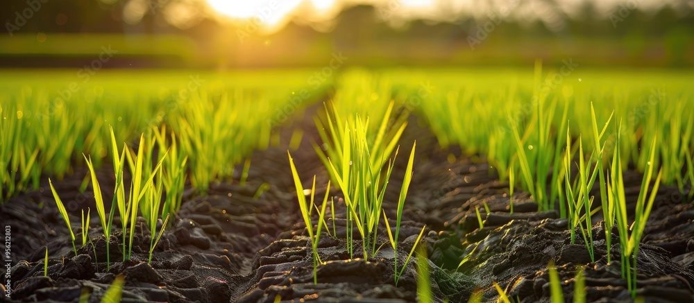 Rice fields displaying young rice plants poised to sprout and mature ...