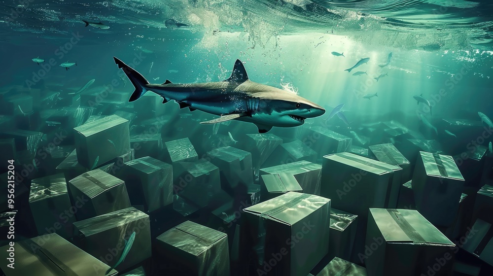 shark at the bottom of the ocean with lots of moving boxes Stock ...