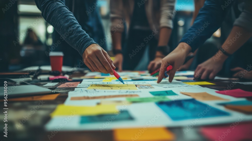Colleagues in a creative brainstorming session, using colored markers ...