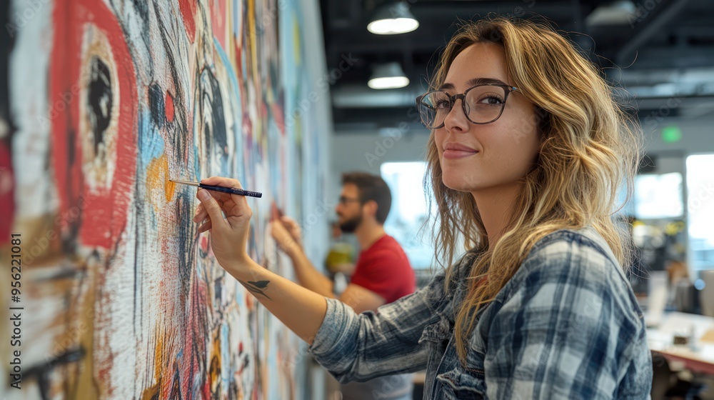 Employees collaborating on a mural in the office, using art as a medium ...