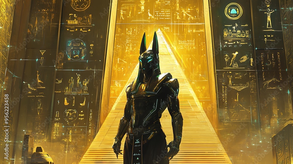 Anubis depicted in a sci-fi setting inside a golden pyramid, with high ...