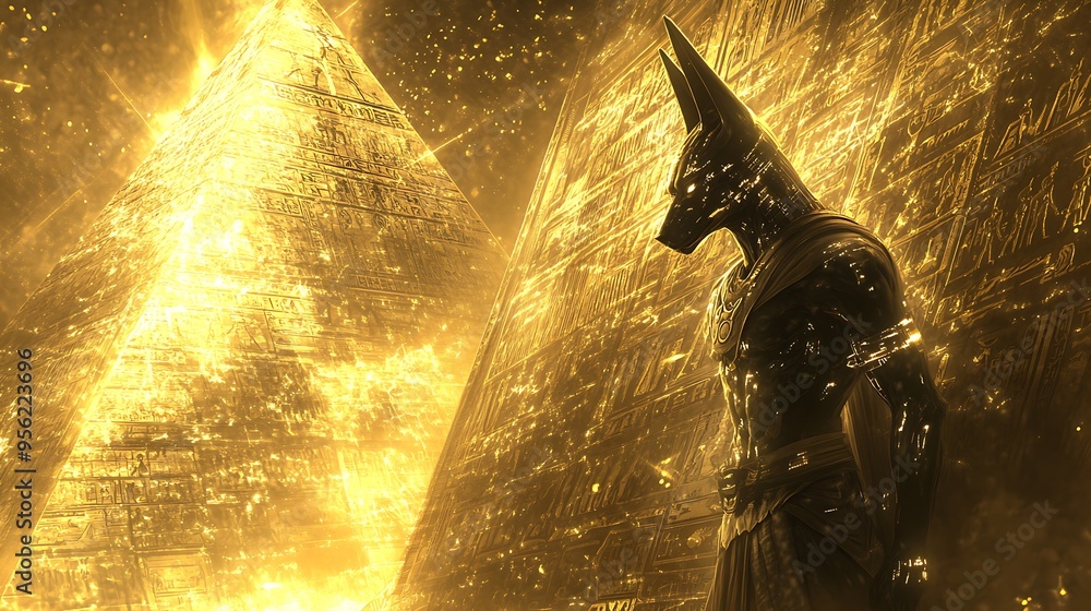 Anubis as a high-tech guardian within a golden pyramid, with light ...