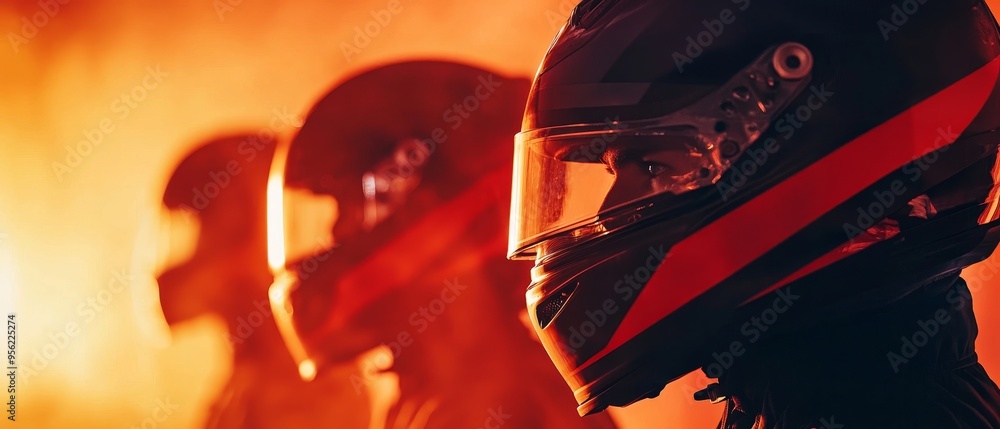 Race car drivers in full gear facing the track, powerful lighting ...