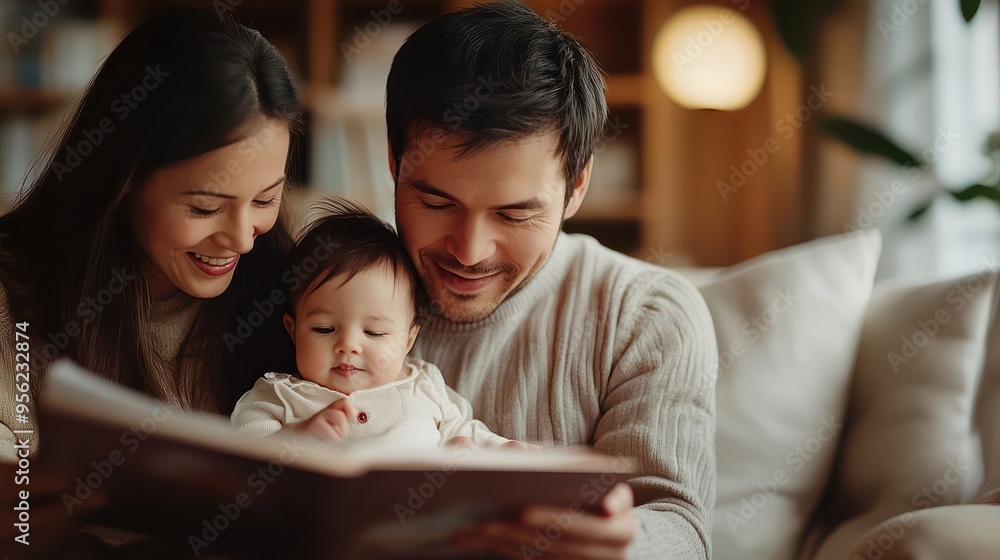Parents setting up a digital family photo album, sharing pictures and ...