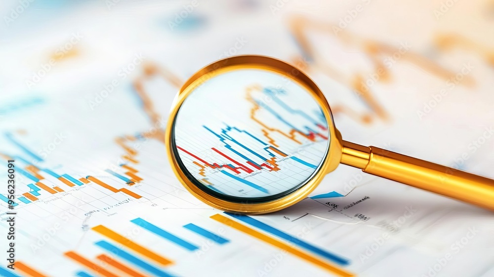 Magnifying glass over a falling interest rate chart, detailed analysis ...