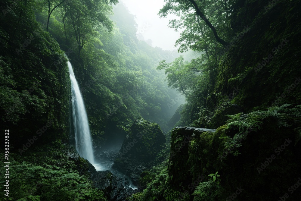 A dense, lush green forest surrounds a majestic, cascading waterfall ...