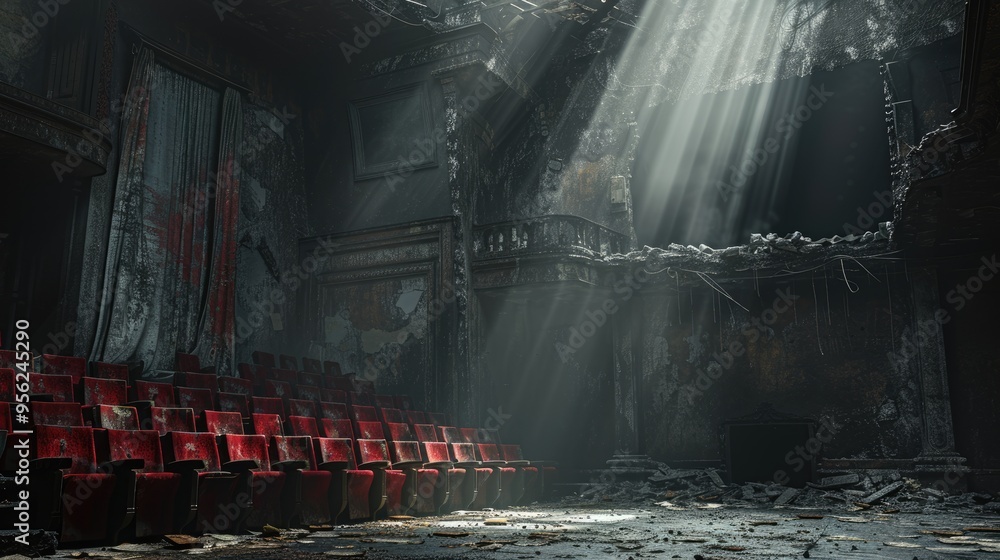 A forgotten cinema with torn movie posters and dusty, faded seats, a ...