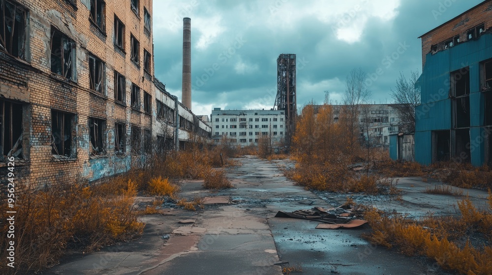 Overgrown pathway in an abandoned factory. This photo shows the ...