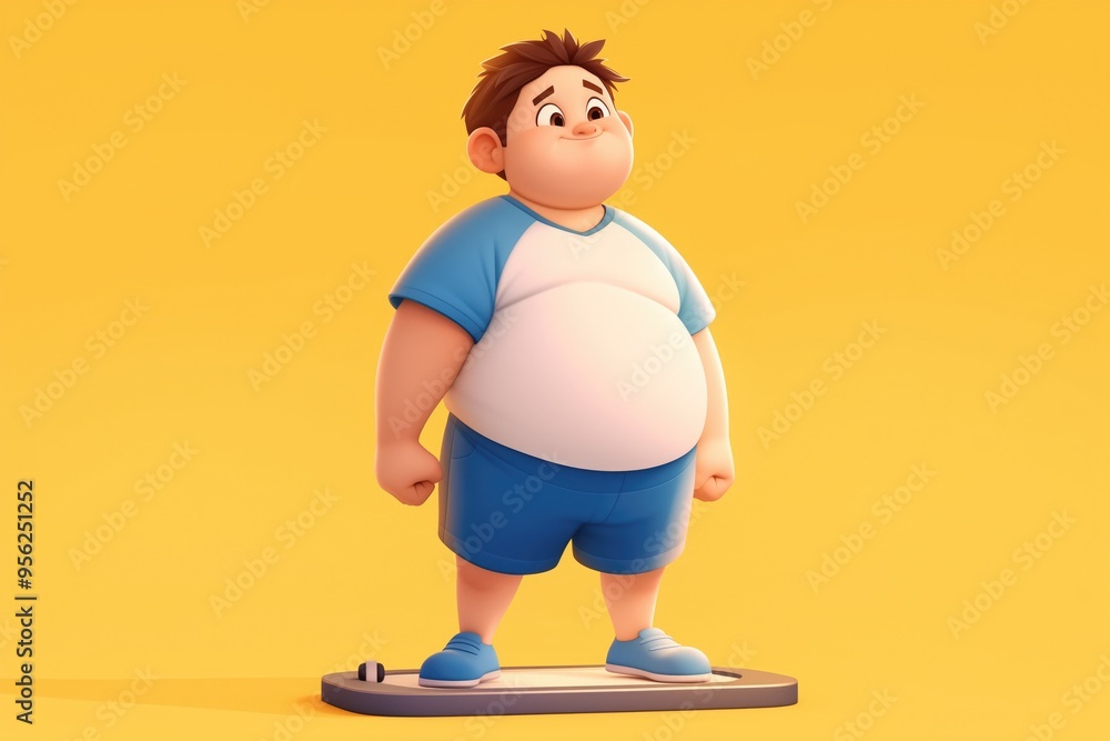 Cute Overweight Cartoon Boy Standing on Scale, Bright Yellow Background ...