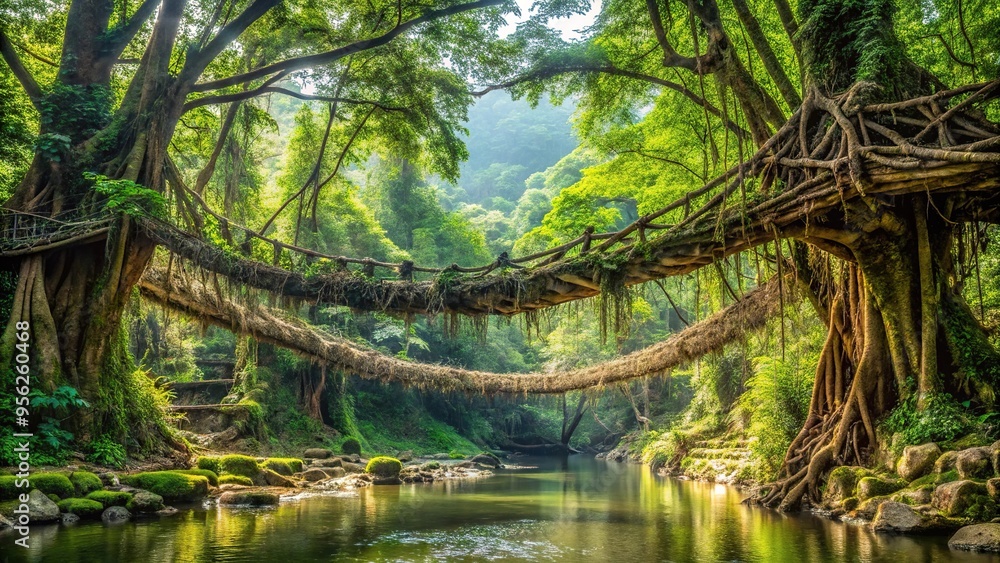 Double Decker Living Root Bridge in the green jungle, showcasing the ...