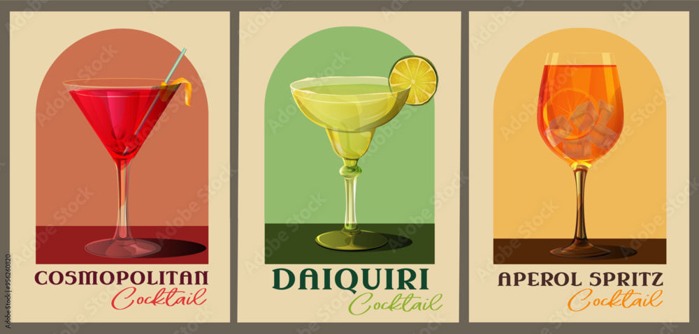 Cocktails retro posters set. Vintage flyers with refreshing alcoholic ...