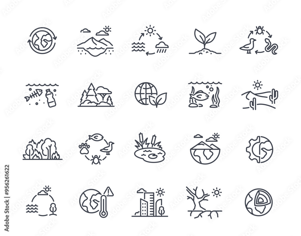 Set of ecosystem line icons. Symbols of food chain, water cycle and ...