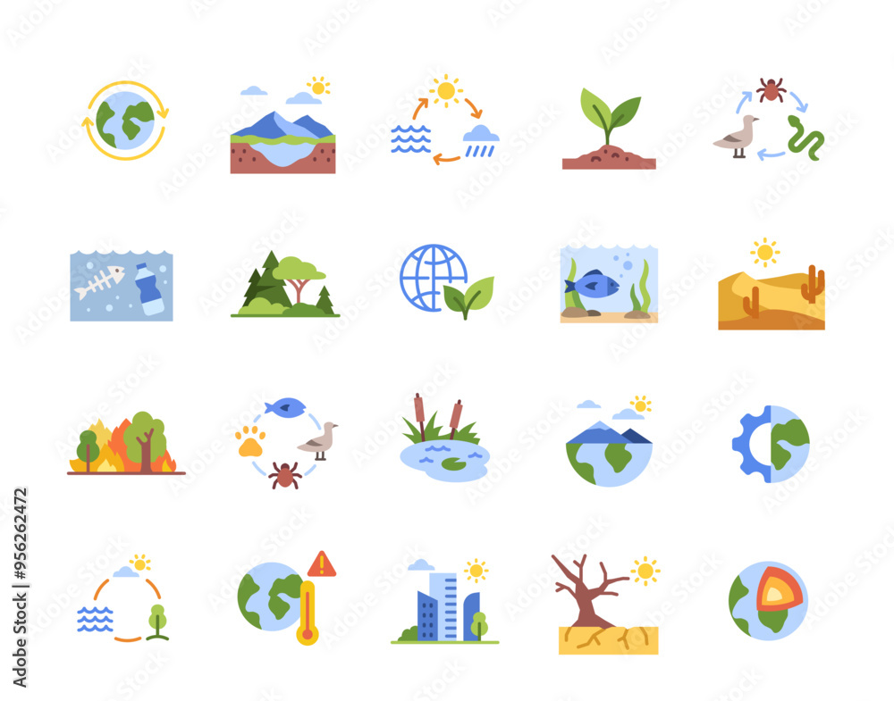 Set of ecosystem icons. Simple signs with forest and pond ecosystem ...