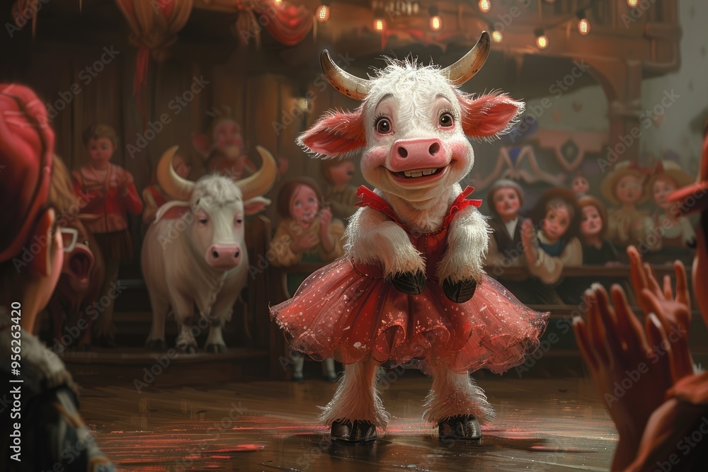 A delightful cartoon cow in a tutu and ballet shoes captivates the ...