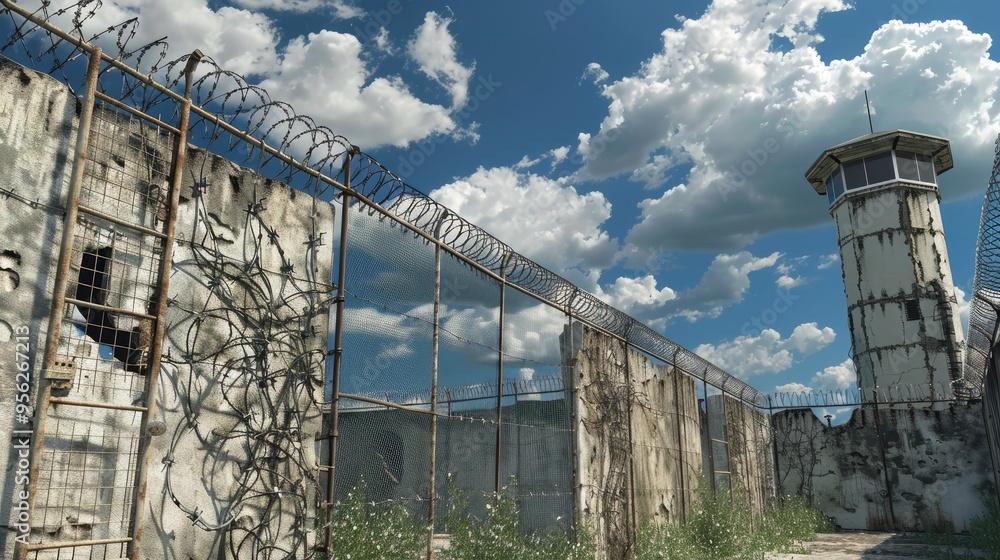 Barbed wires electrical fences and watchtower of old prison White ...