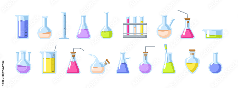 Laboratory glassware set. Flasks, beakers and test tubes. Different ...